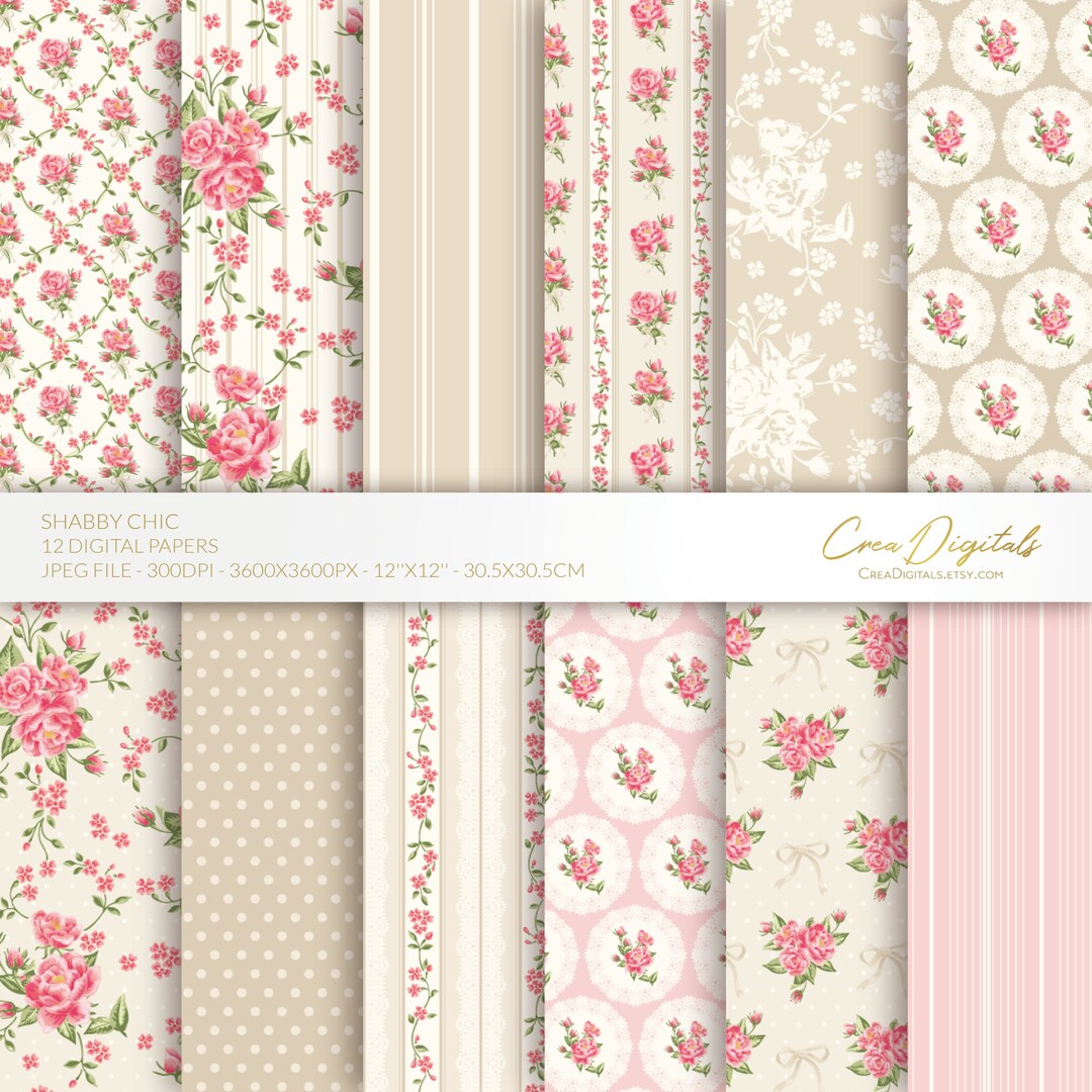 Shabby Chic Digital Paper, Beige and Coral Seamless Floral Pattern ...