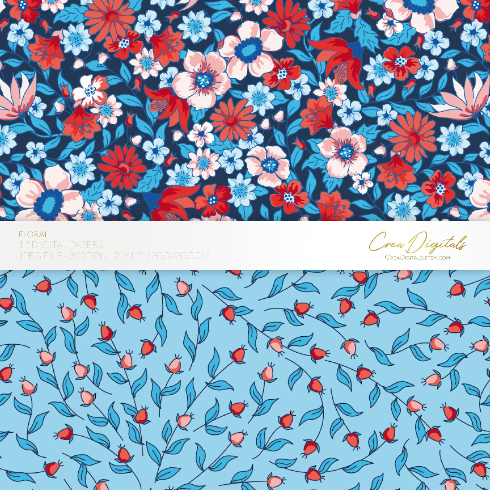 Floral Digital Paper Red and Blue Seamless Pattern Ditsy - Etsy