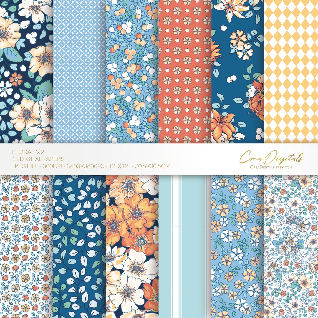 Floral Digital Paper, Navy, Coral and Yellow Seamless Pattern, Ditsy ...