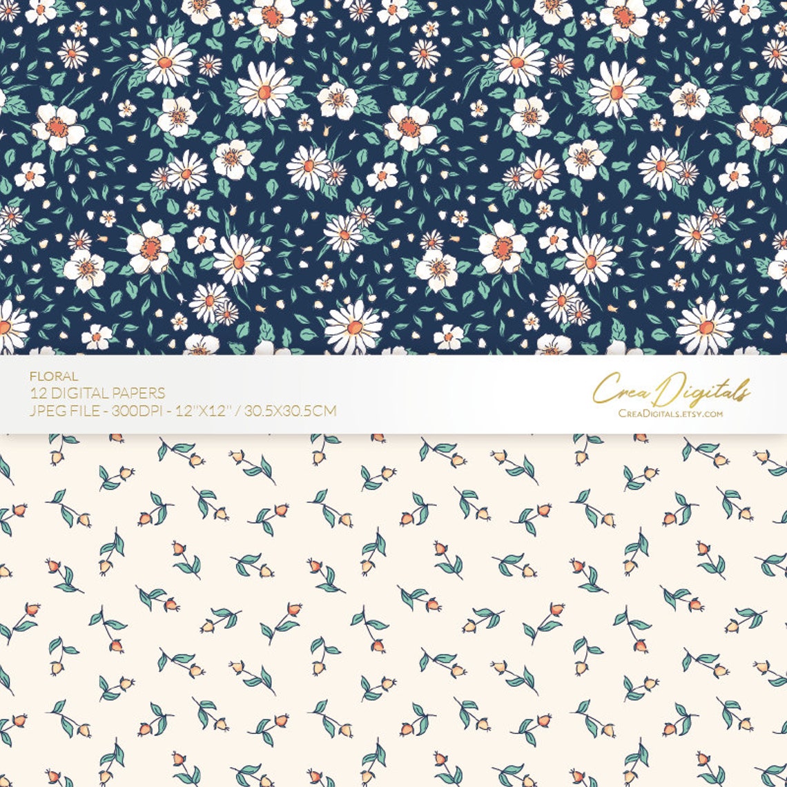 Floral Digital Paper Navy Coral and Yellow Seamless Pattern | Etsy