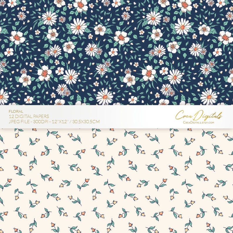 Floral Digital Paper, Navy, Coral and Yellow Seamless Pattern, Ditsy ...