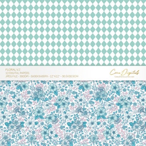 Floral Digital Paper, Blue, Aqua and Pink Seamless Pattern, Ditsy ...