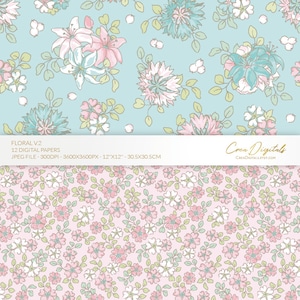 Floral Digital Paper, Turquoise, Pink and Green Seamless Pattern, Ditsy ...