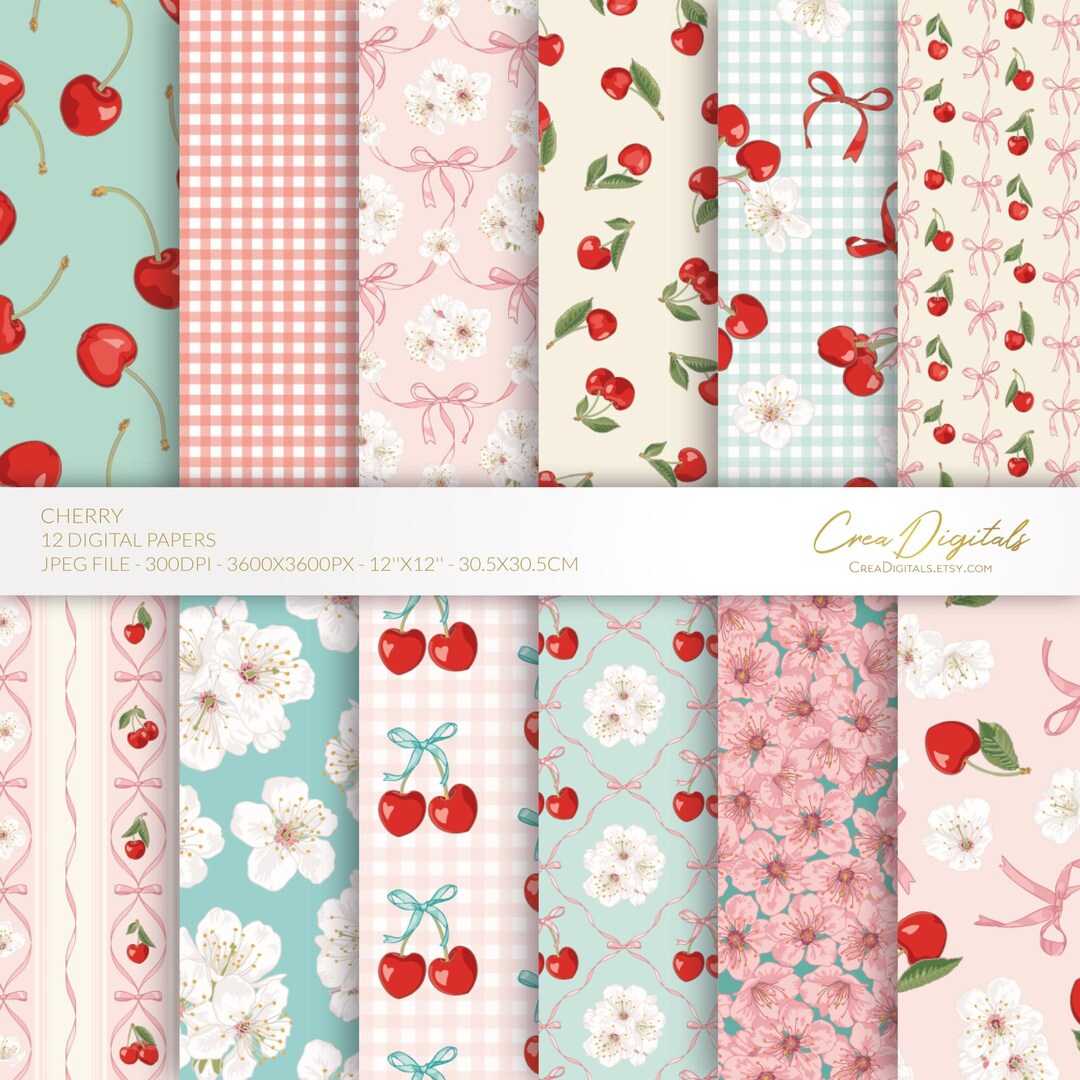 Cherry Digital Paper, Vintage Pink & Red Seamless Floral Pattern, Bow ...