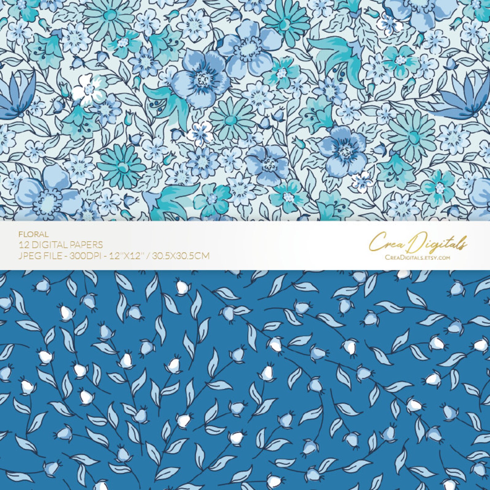 Floral Digital Paper, Blue, Aqua and Navy Seamless Pattern, Ditsy ...