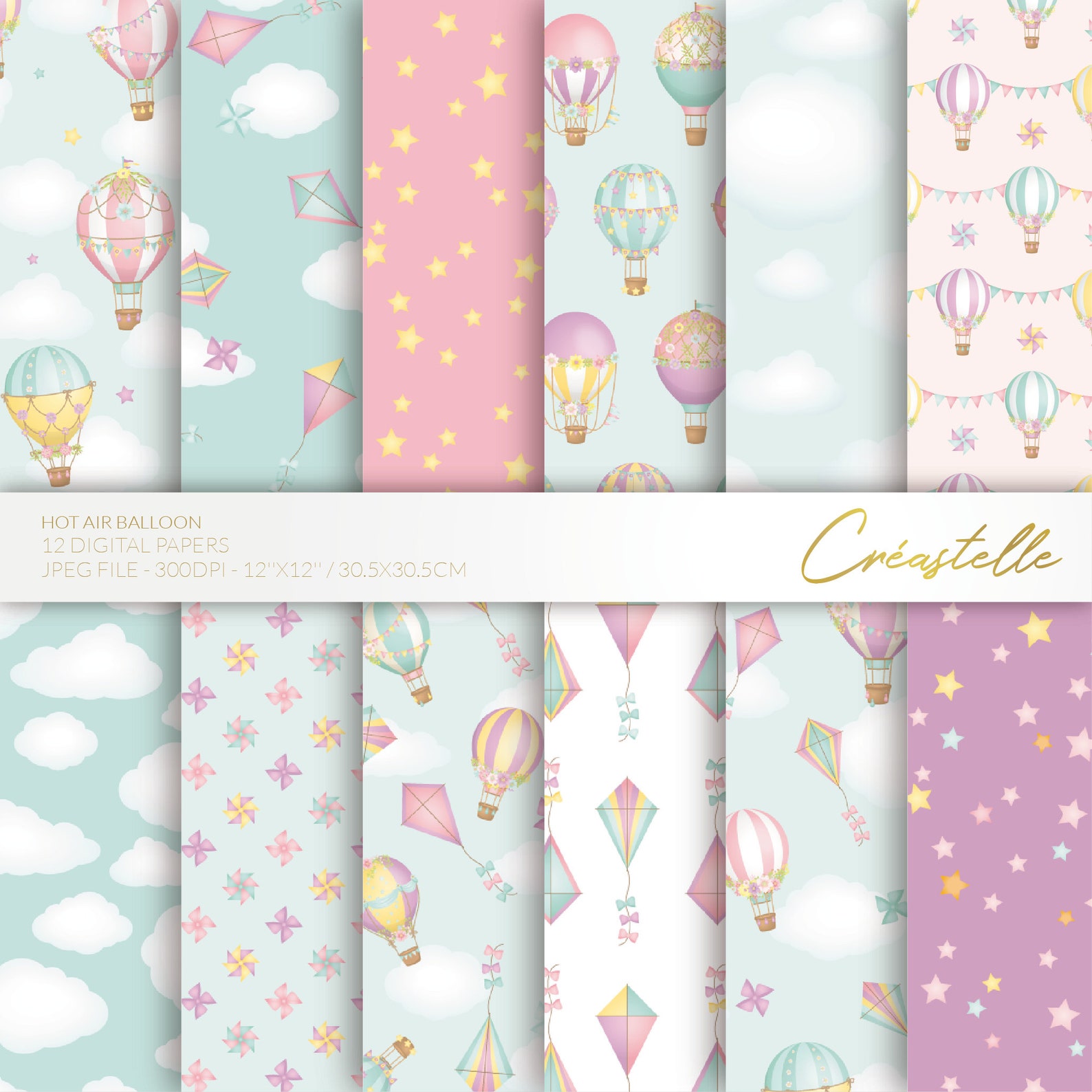 Hot Air Balloon Digital Paper, Kite, Clouds, Bow, Pinwheel, Stars, Pink ...