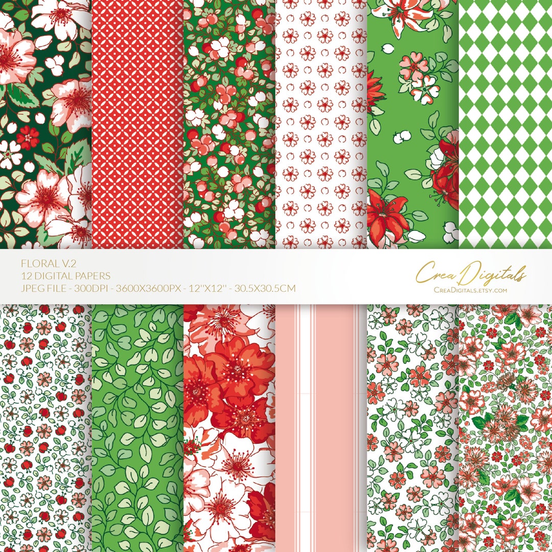Floral Digital Paper, Red and Green Seamless Pattern, Ditsy Flowers, 12 ...