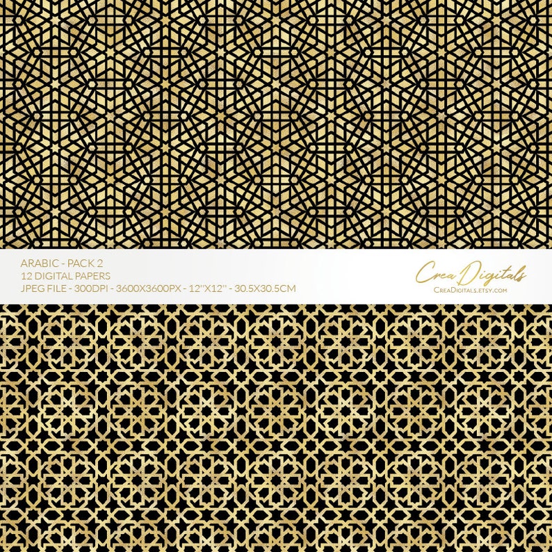 Arabic Pattern, Gold and Black 12 Digital Paper Pack 2, Seamless ...