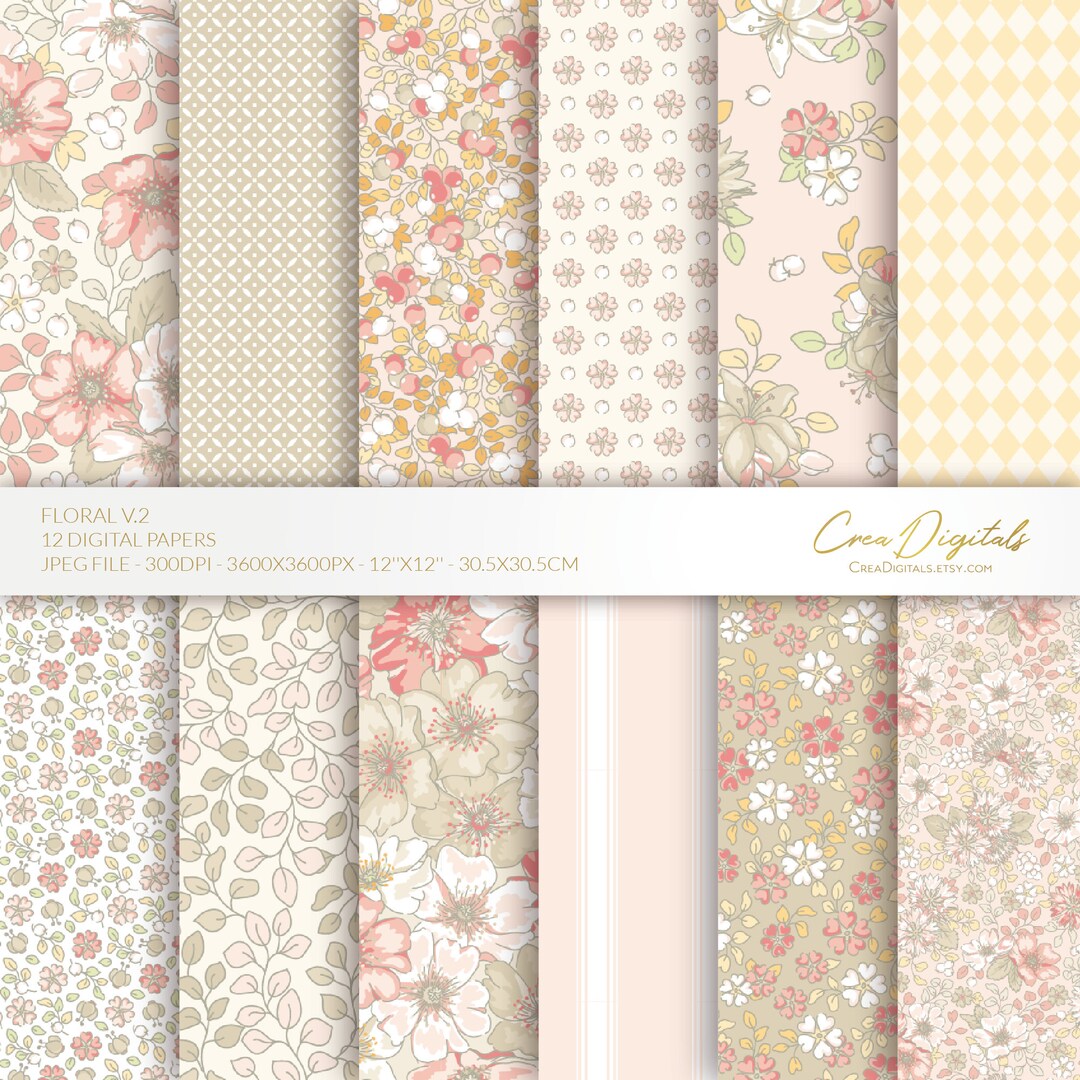 Floral Digital Paper, Beige and Peach Seamless Pattern, Ditsy Flowers ...
