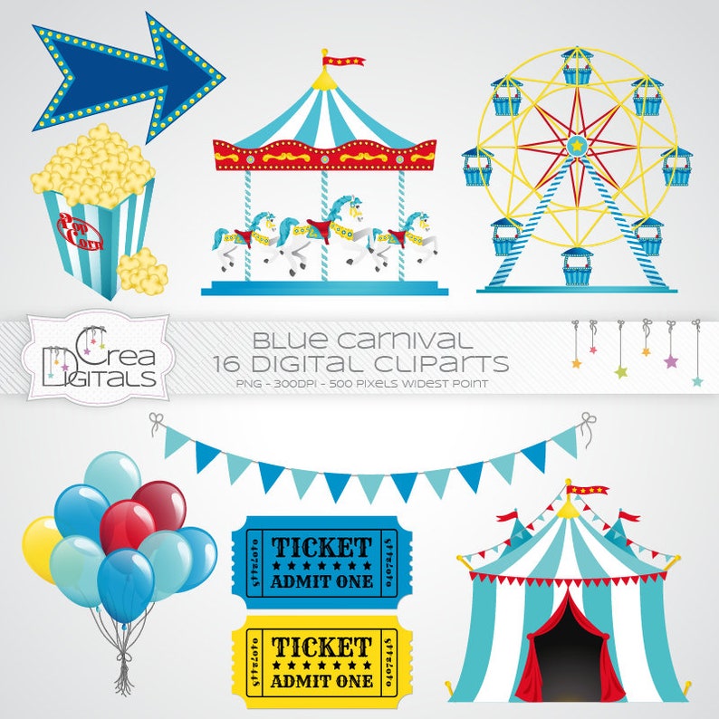 Blue, Turquoise, Yellow and Red Carnival / Circus, 16 Digital Cliparts ...