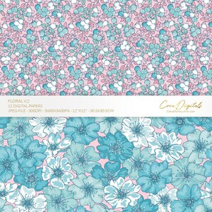 Floral Digital Paper, Blue, Aqua and Pink Seamless Pattern, Ditsy ...