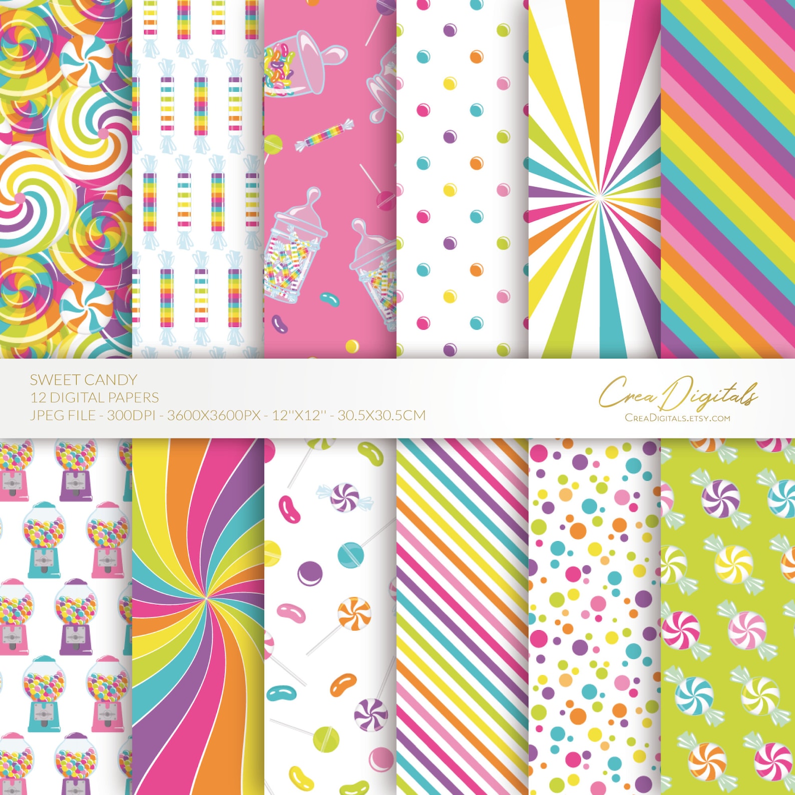 Sweet Candy Shop Digital Paper, Pink Seamless Pattern, Rainbow Lollipop ...