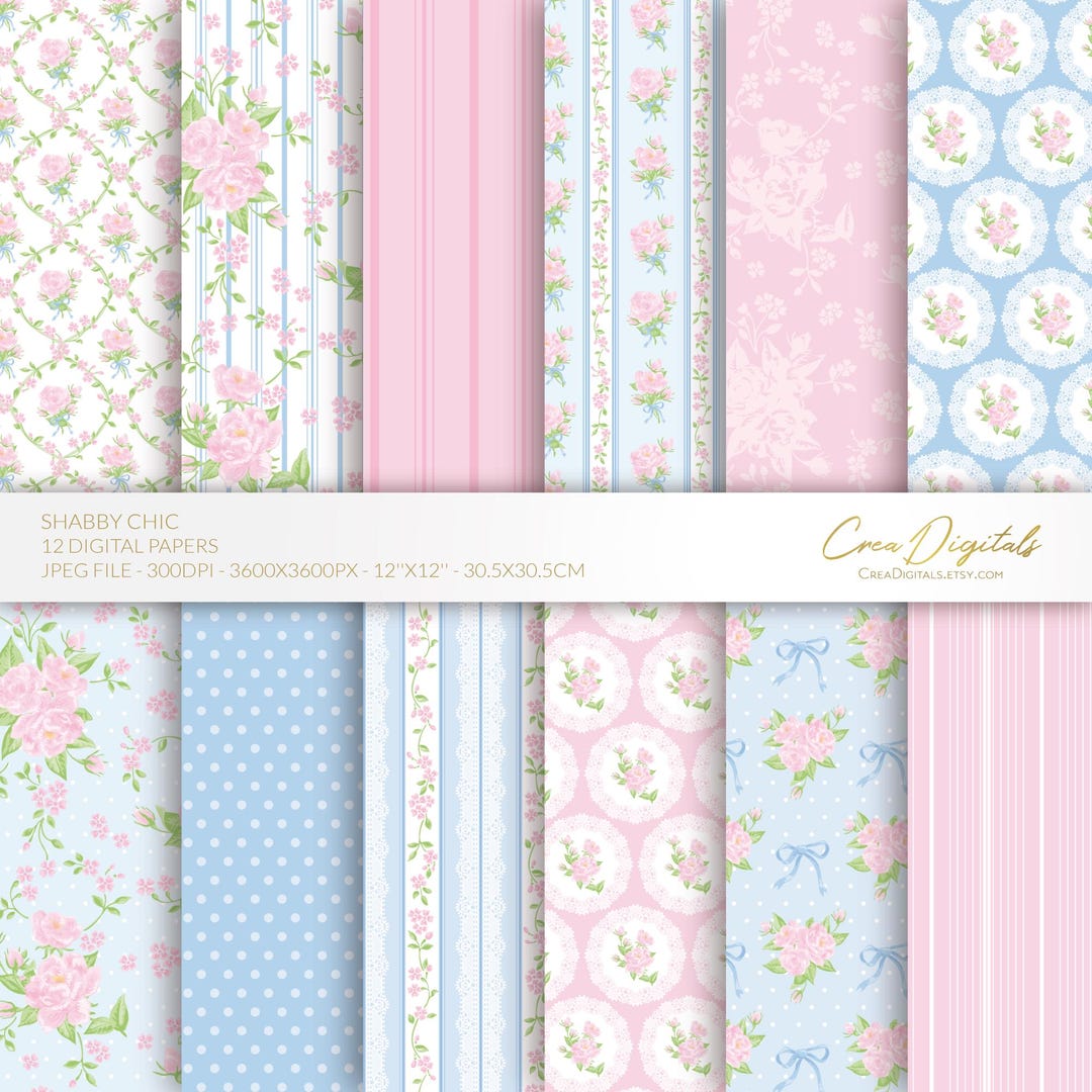 Shabby Chic Digital Paper, Baby Pink and Blue Seamless Floral Pattern ...