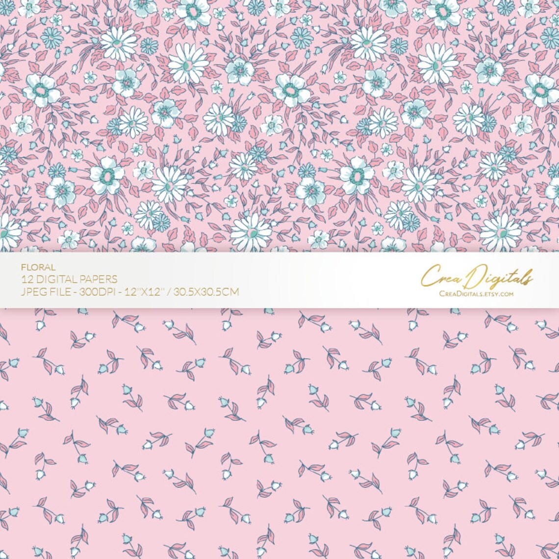 Floral Digital Paper Blue Aqua and Pink Seamless Pattern - Etsy