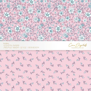 Floral Digital Paper, Blue, Aqua and Pink Seamless Pattern, Ditsy ...