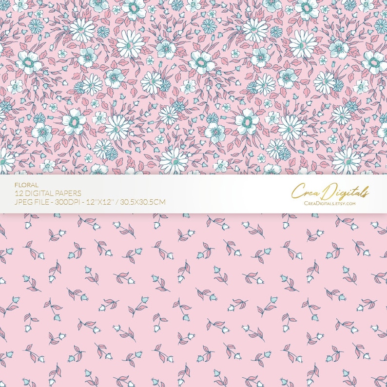 Floral Digital Paper, Blue, Aqua and Pink Seamless Pattern, Ditsy ...