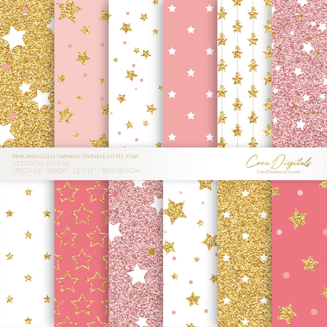 Pink and Gold Glitter Twinkle Little Star Digital Papers, INSTANT ...