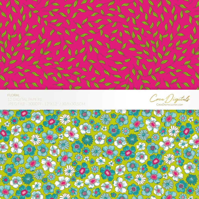Floral Digital Paper, Hot Pink, Turquoise and Green Seamless Pattern ...