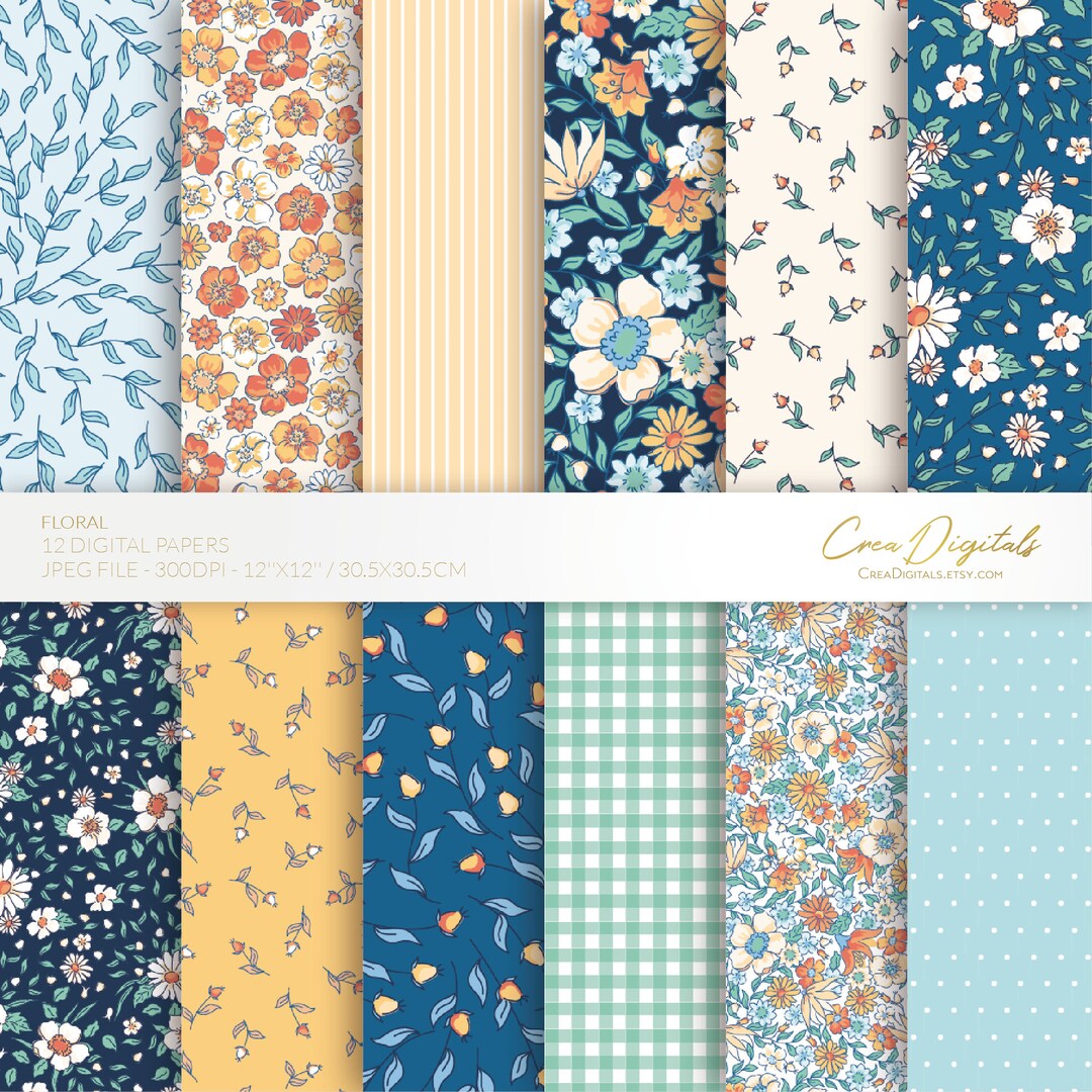 Floral Digital Paper, Navy, Coral and Yellow Seamless Pattern, Ditsy ...