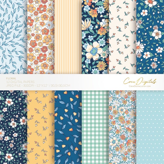 Floral Digital Paper Navy Coral and Yellow Seamless Pattern | Etsy