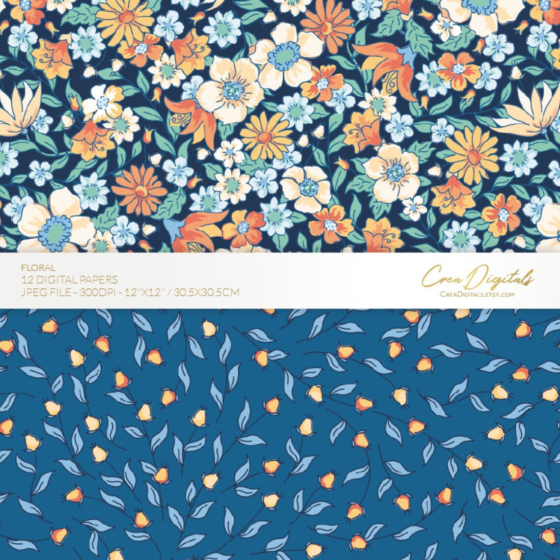 Floral Digital Paper Navy Coral and Yellow Seamless Pattern - Etsy