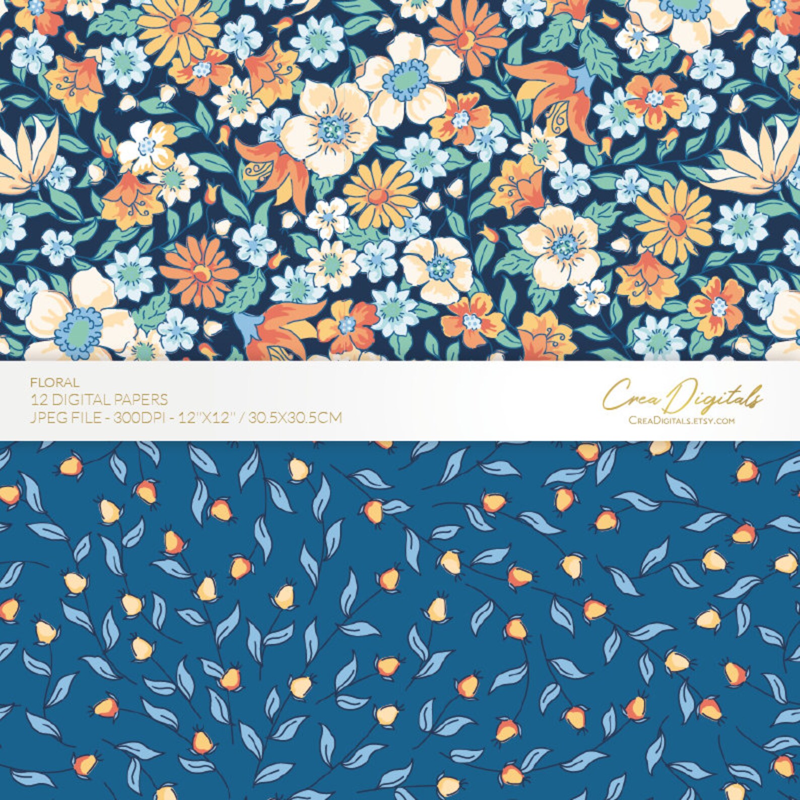 Floral Digital Paper, Navy, Coral and Yellow Seamless Pattern, Ditsy ...