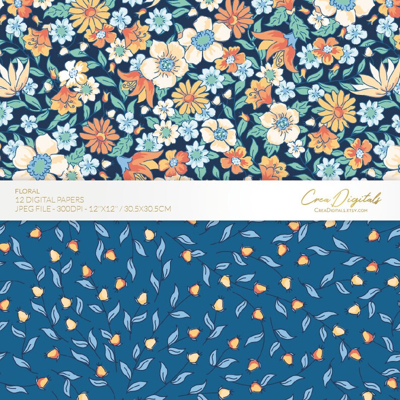 Floral Digital Paper, Navy, Coral and Yellow Seamless Pattern, Ditsy ...