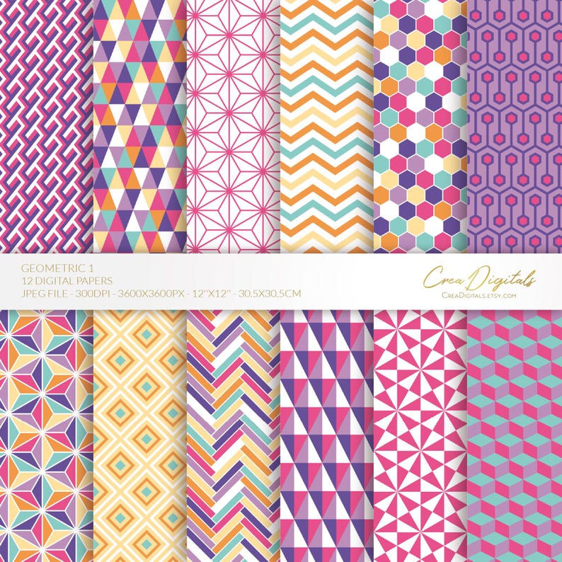 Geometric Digital Pattern, 12 Purple, Yellow and Pink Printable Papers ...