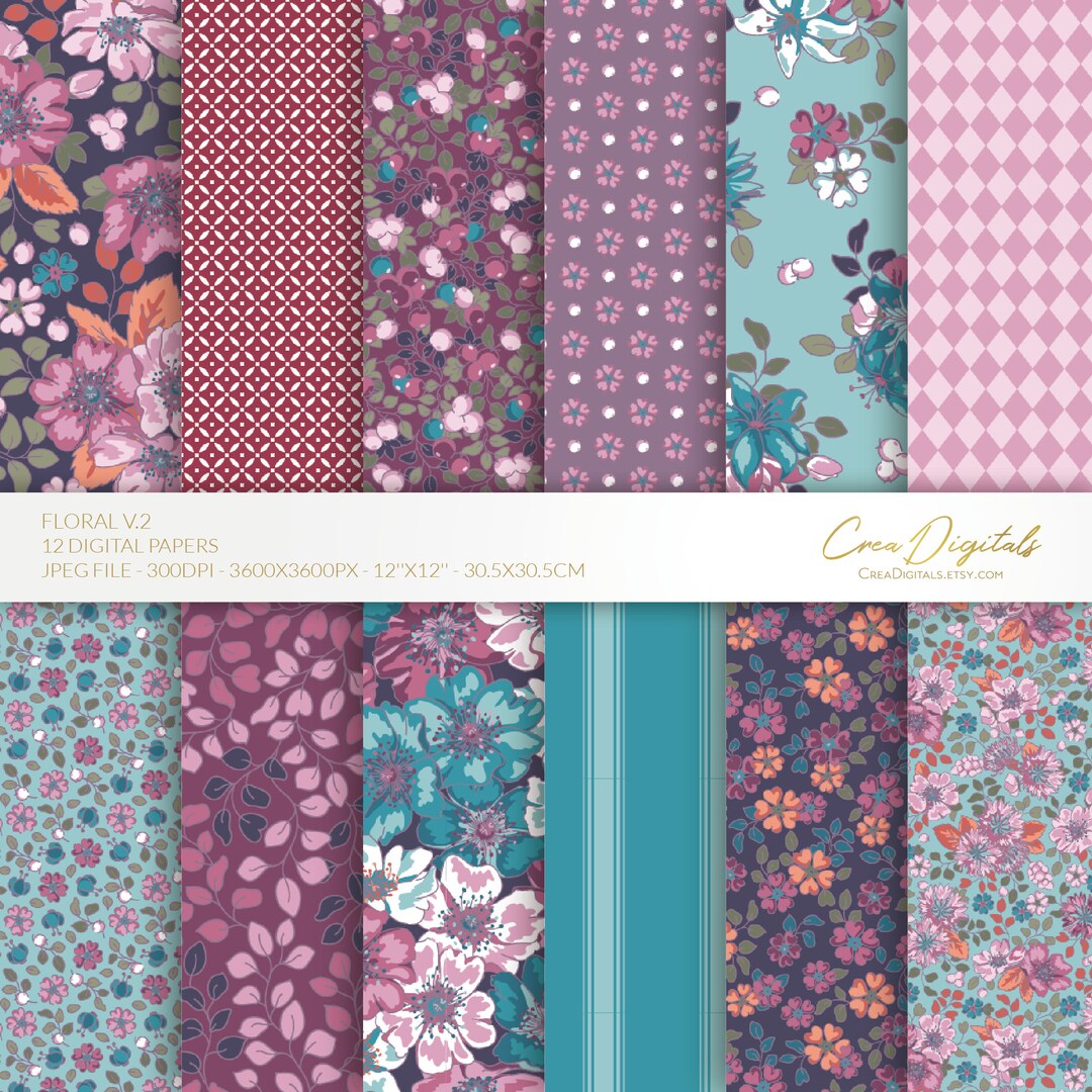 Floral Digital Paper, Teal, Purple and Orange Seamless Pattern, Ditsy ...