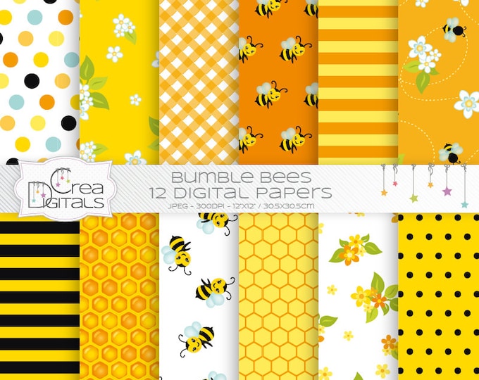 Bee Digital Papers and Clipart SET, Bumble Bees, Honeycomb, Beehive ...