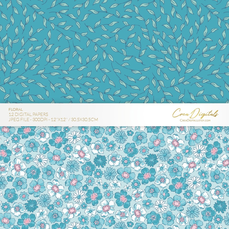 Floral Digital Paper, Blue, Aqua and Pink Seamless Pattern, Ditsy ...