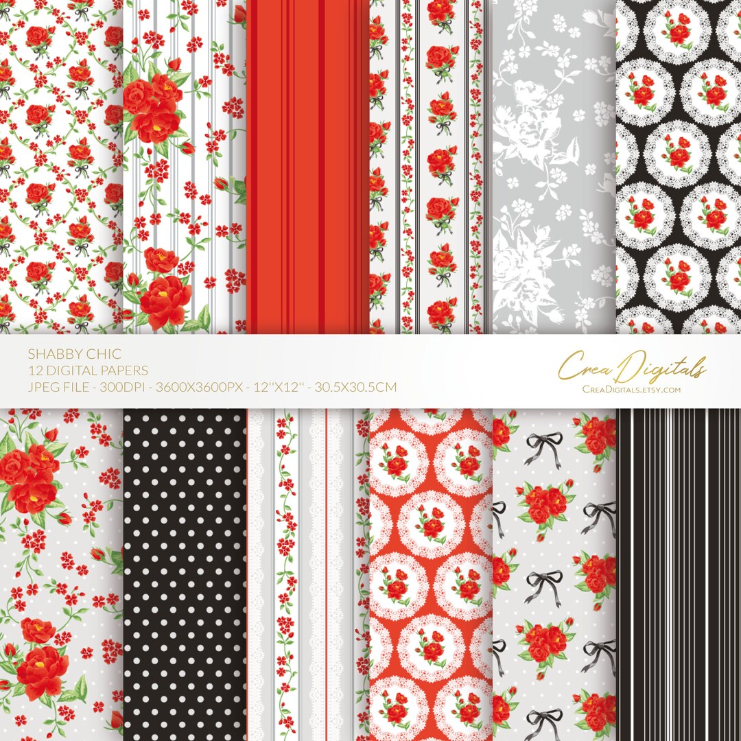 Shabby Chic Digital Paper, Black and Red Seamless Floral Pattern ...