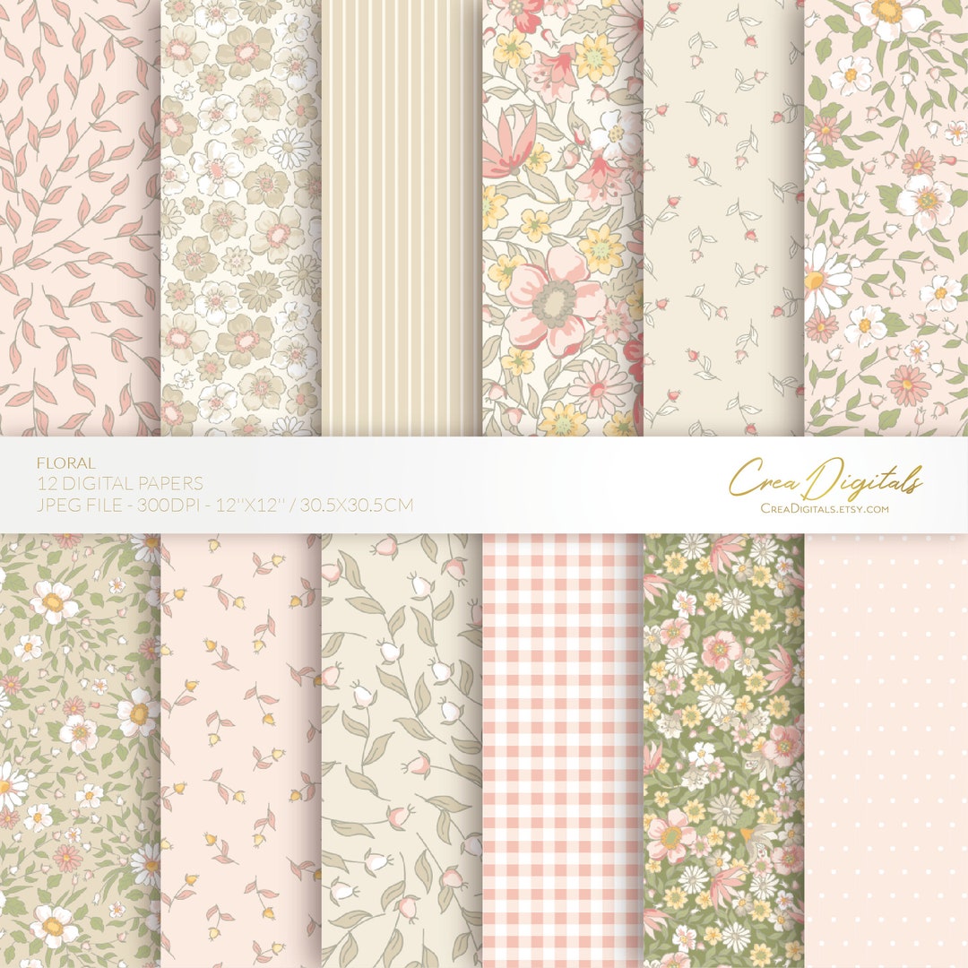 Floral Digital Paper, Beige and Peach Seamless Pattern, Ditsy Flowers ...