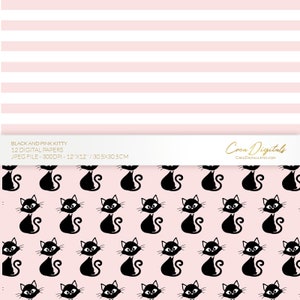Cat Digital Paper, Kitty Pattern, Black, Gold and Pink Kitten, Pets ...