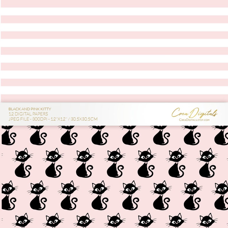 Cat Digital Paper, Kitty Pattern, Black, Gold and Pink Kitten, Pets ...