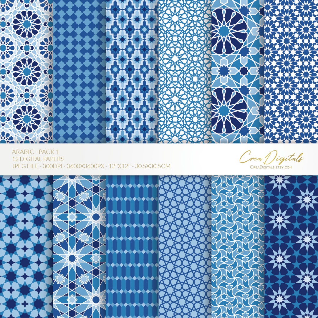 Arabic Pattern, Blue 12 Digital Paper Pack 1, Seamless Moroccan Pattern ...