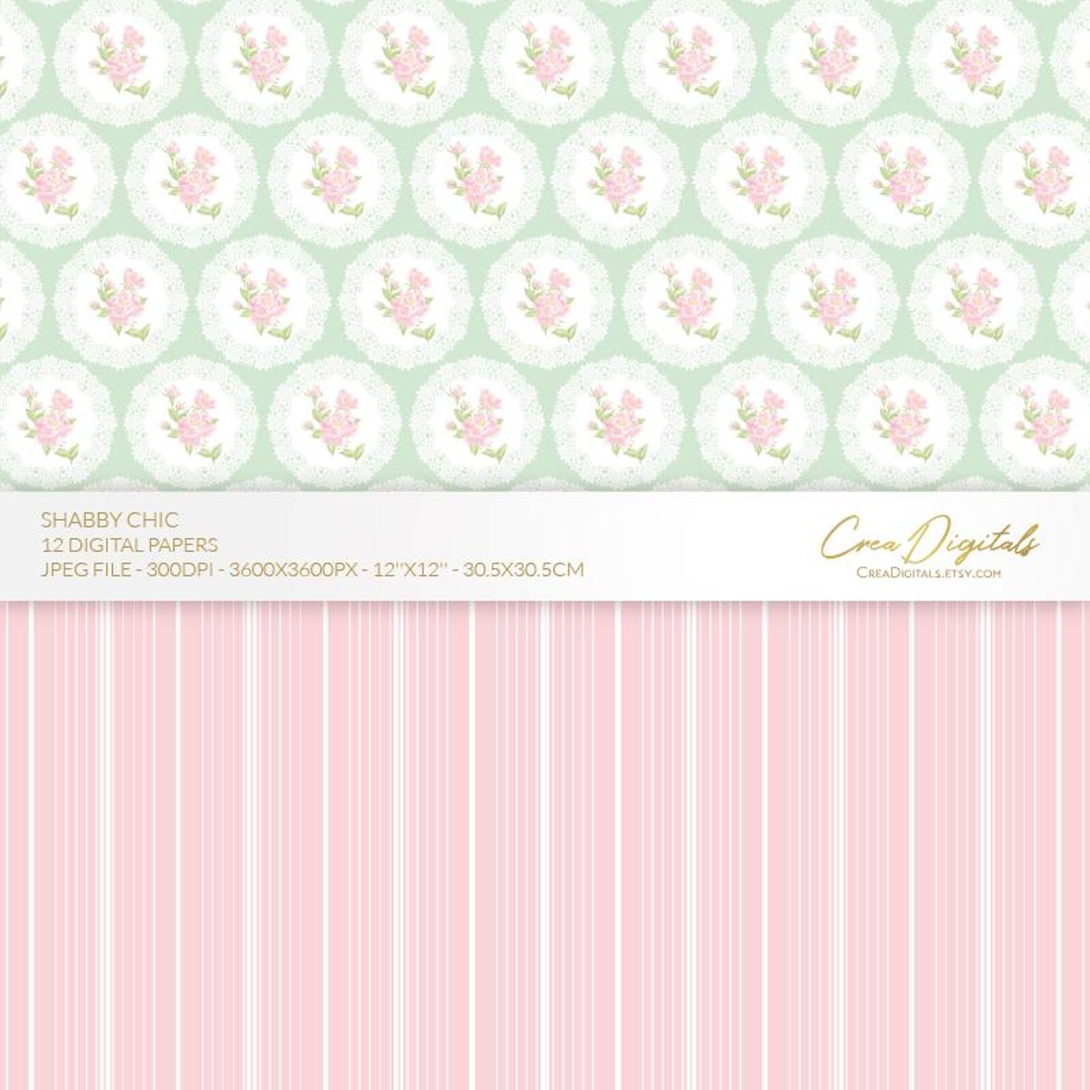Shabby Chic Digital Paper, Mint Green and Pink Seamless Floral Pattern ...