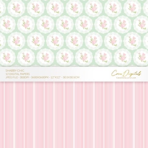 Shabby Chic Digital Paper, Mint Green and Pink Seamless Floral Pattern ...