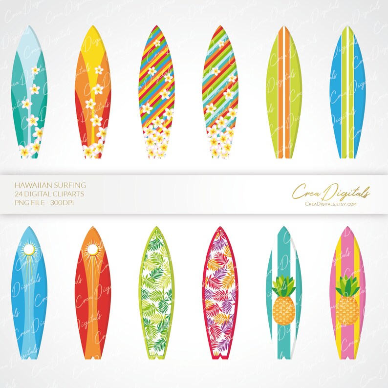 Hawaiian Summer Surfboards 24 Cliparts, Beach and Sea, INSTANT DOWNLOAD ...
