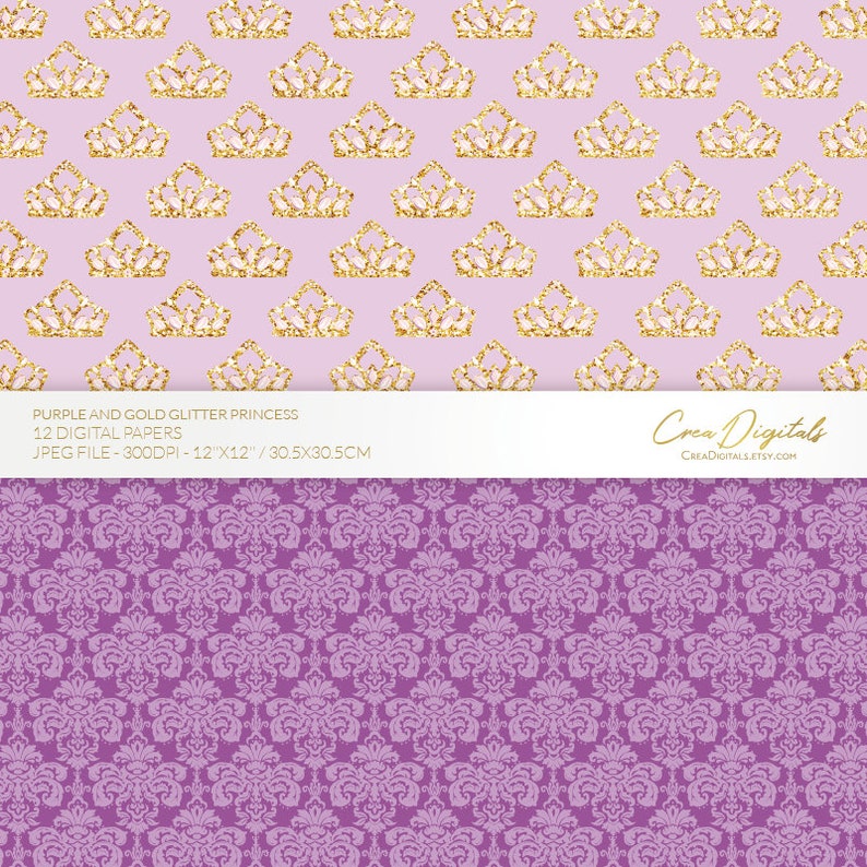 Glitter Fairy Princess, 12 Purple and Gold Digital Papers, INSTANT ...
