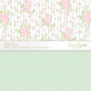 Shabby Chic Digital Paper, Mint Green and Pink Seamless Floral Pattern ...