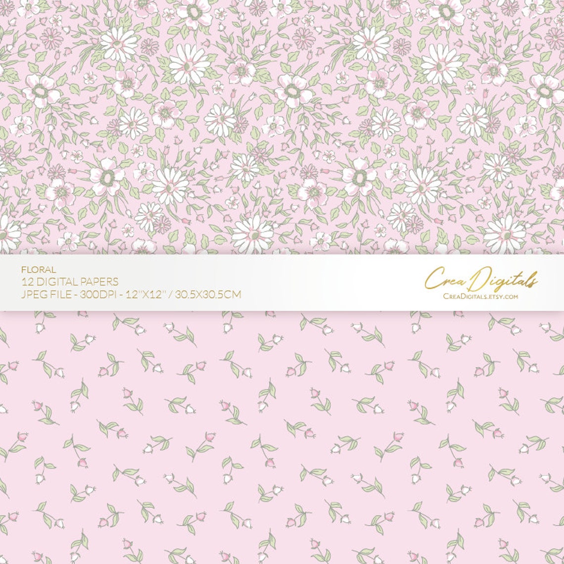 Floral Digital Paper, Pink Seamless Pattern, Ditsy Flowers, 12 Digital ...
