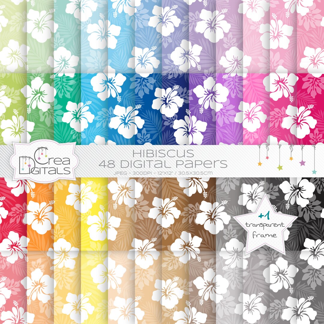 Hawaiian Hibiscus Flowers Rainbow Paper Pack, 48 Digital Papers ...