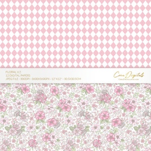 Floral Digital Paper, Pink Seamless Pattern, Ditsy Flowers, 12 Digital ...