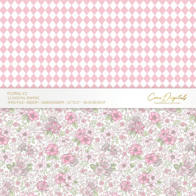 Floral Digital Paper, Pink Seamless Pattern, Ditsy Flowers, 12 Digital ...