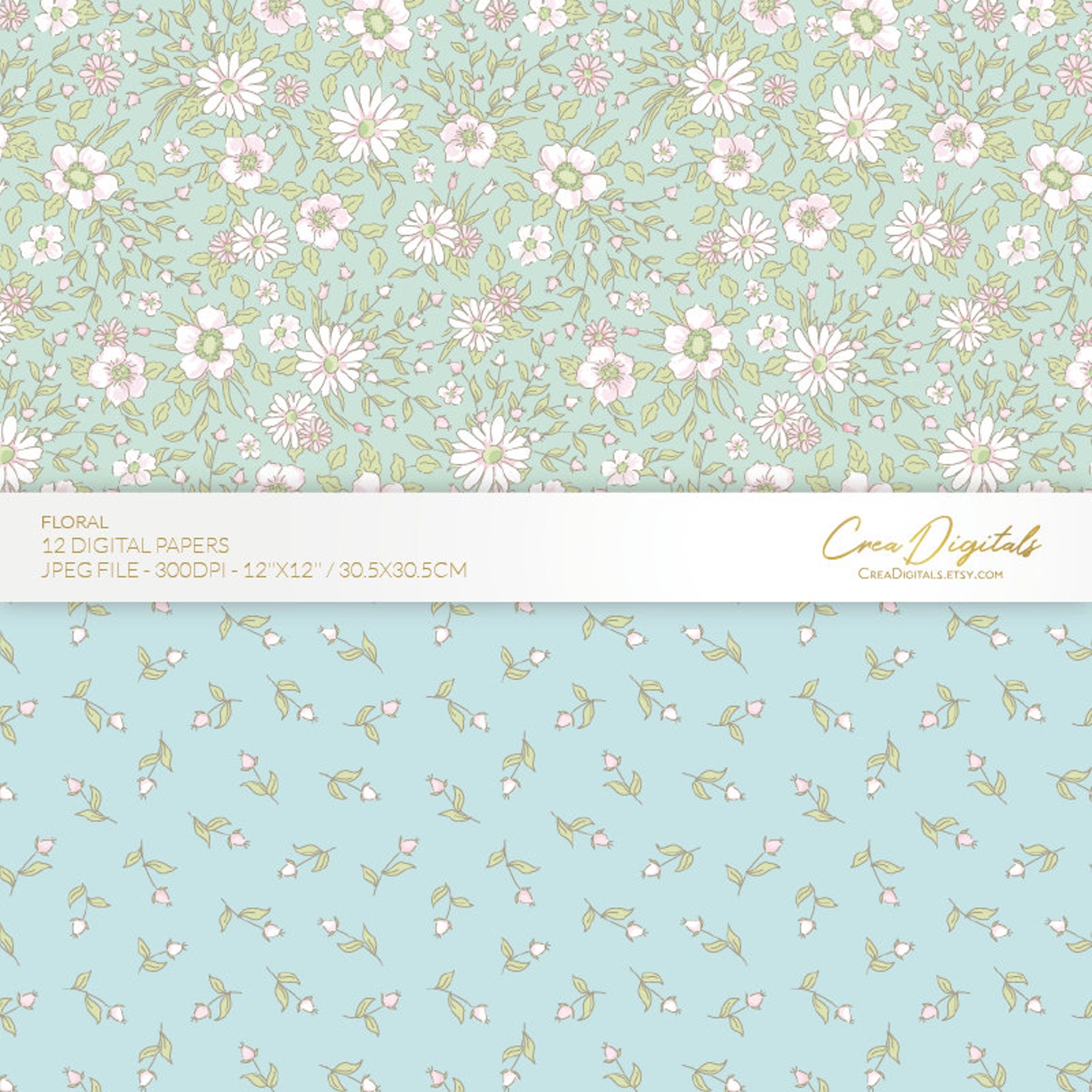 Floral Digital Paper, Turquoise, Pink and Green Seamless Pattern, Ditsy ...