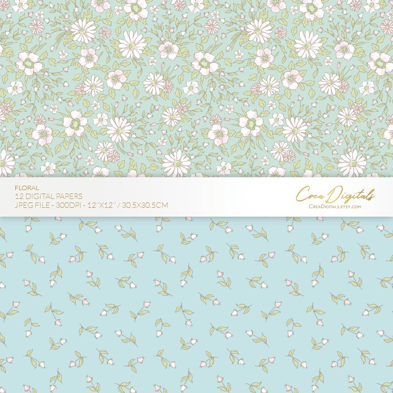 Floral Digital Paper, Turquoise, Pink and Green Seamless Pattern, Ditsy ...