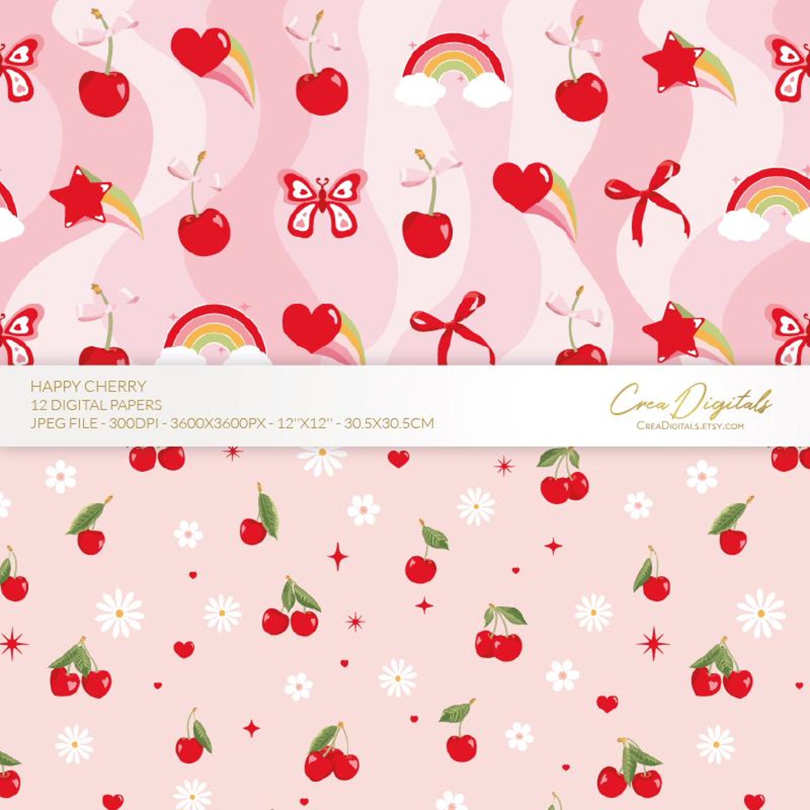 Happy Cherry Digital Paper, Vintage Pink & Red Seamless Floral Pattern ...