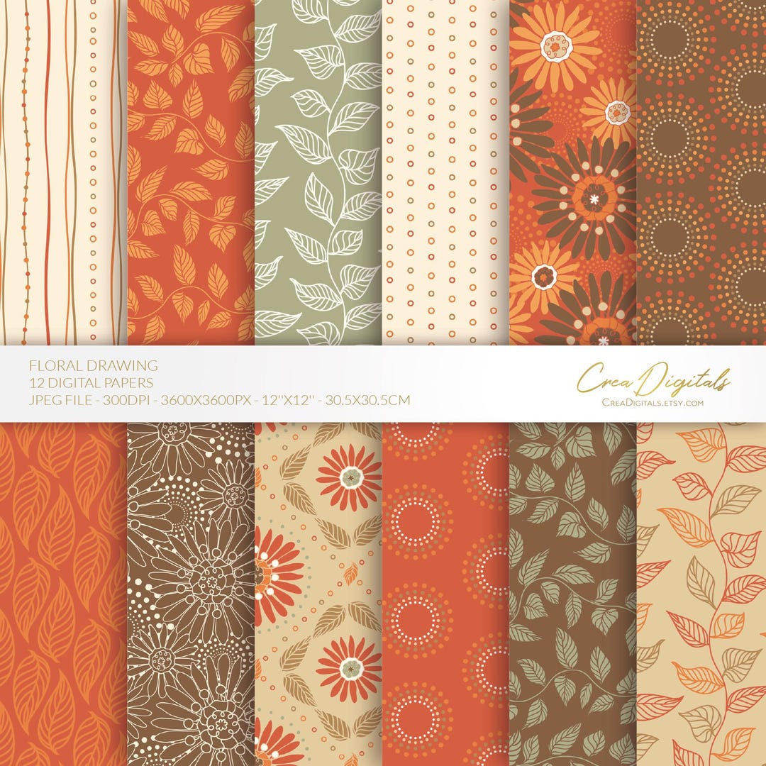Hand-drawn Flowers Digital Paper, Orange, Brow and Beige Seamless ...