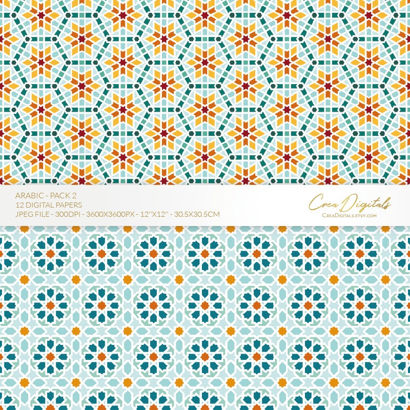 Arabic Pattern, Colorful 12 Digital Paper Pack 2, Seamless Moroccan ...